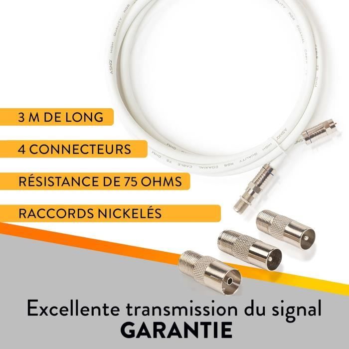 Cable Coaxial Tv Rg6 - Cable Antenne Tv 3M Avec Connecteurs 75 Ohm ...