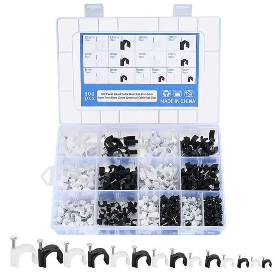 600 Pièces Câble Clips Rond, Clips Câble avec Clous, Attaches de Câbles ...