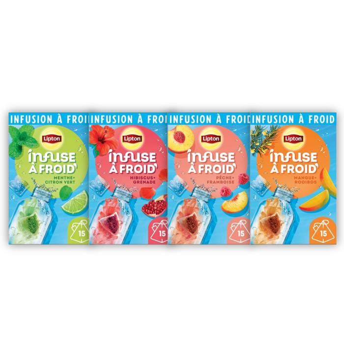 Lipton Infuse à Froid, Assortiment de 4 Parfums Grenade Hibiscus, Pêche ...