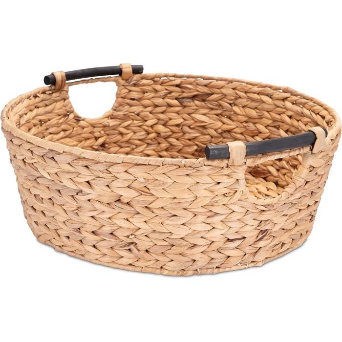 Panier de rangement rond tressé en jonc de mer avec poignées en bois ...