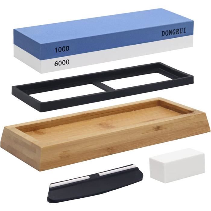 Pierre à Aiguiser 2 en 1 Aiguiseur Couteaux Pierre à Aiguiser Base en Bambou Antidérapante 1000/ ...
