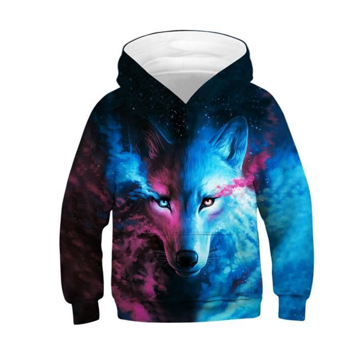 Sweat à Capuche Garçon Manche Longue 3D Impression Automne Hiver - Loup ...