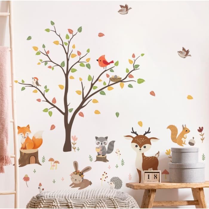 Stickers Muraux Animaux Forêt Arbre Autocollant Mural Renard Cerf Hibou ...
