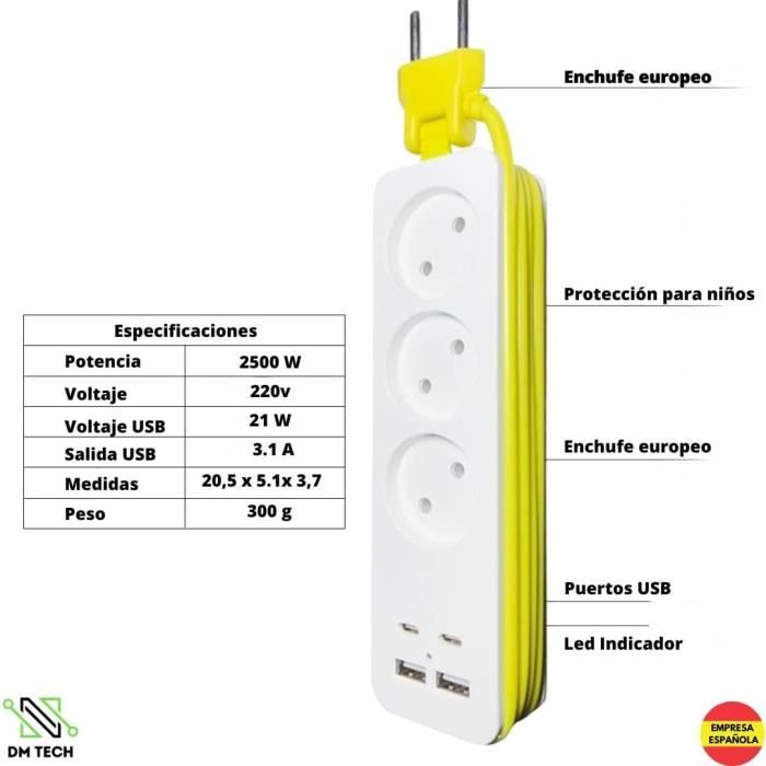 Multiprise, Avec 3 Prises 220V + 2 Usb + 2 Usb C. 2 Options D ...
