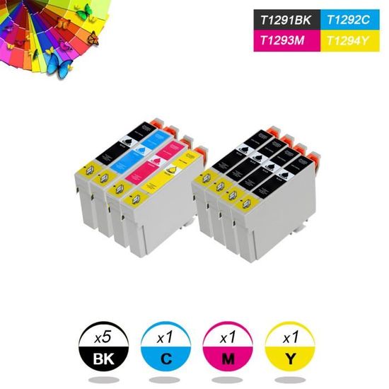 Pack 8 Epson T1291 Cartouches Compatibles 5 noir 1 cyan 1 magenta 1 ...