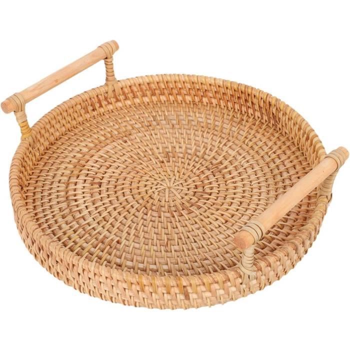Plateau De Service en Rotin Panier en Osier Tressé Rond Plateau Pouf ...