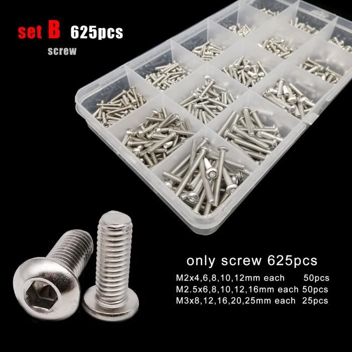Set B 625pcs -Kit d'assortiment de boulons et écrous en acier inoxydable 400-2100 M1.6 M2 M2.5 ...