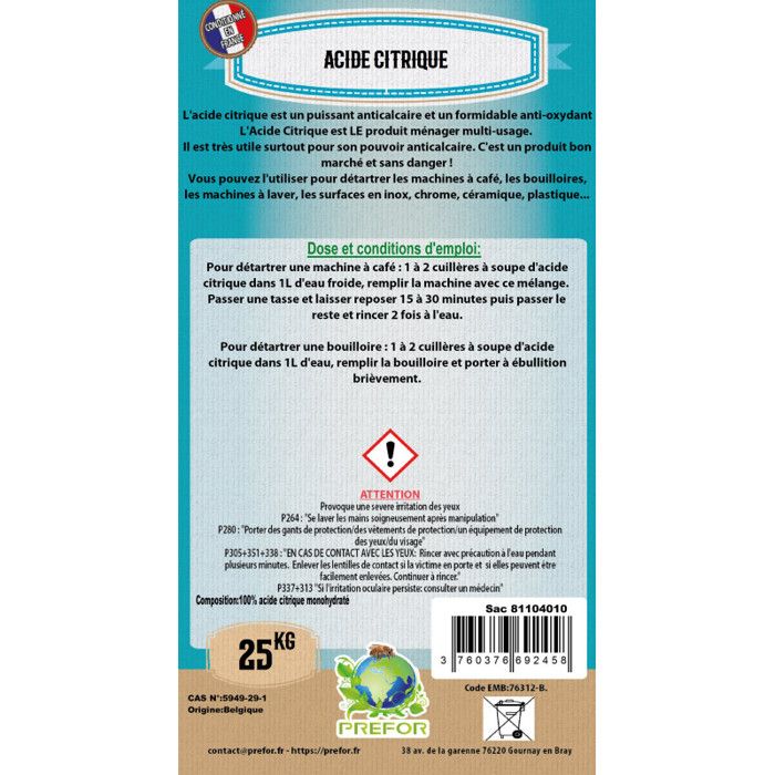 Acide citrique Sac 25kg - Cdiscount Au quotidien