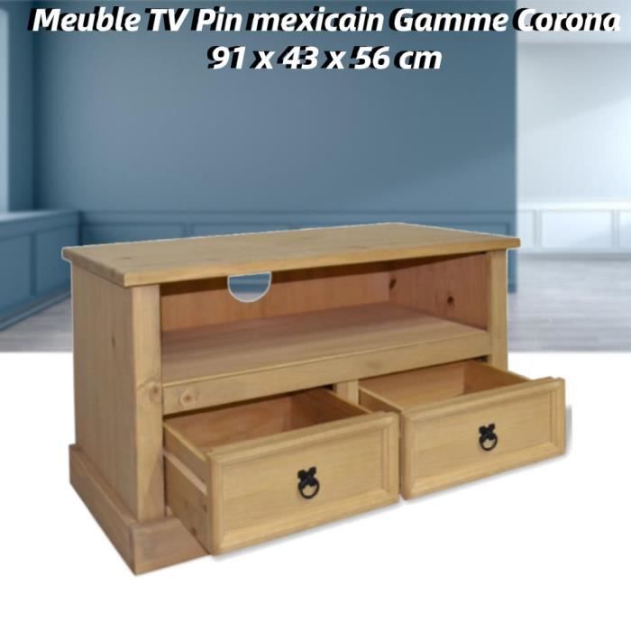 Meuble TV Pin mexicain Gamme Corona - HEG - 91 x 43 x 56 cm - 2 tiroirs ...