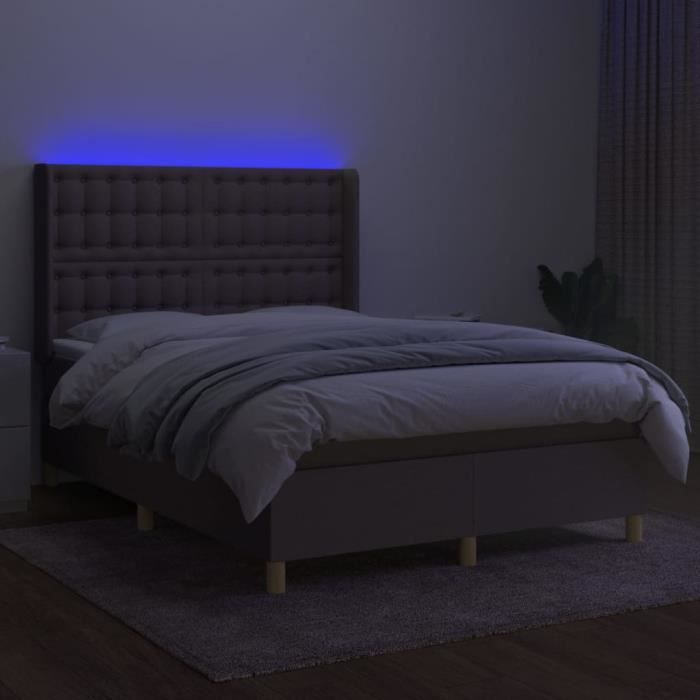 BOHU Sommier tapissier avec matelas et LED Taupe 140x190 cm Tissu ...