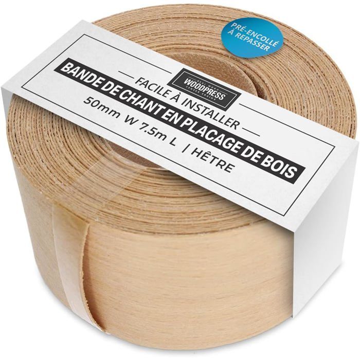WoodPress 50 mm Bois de Hêtre Véritable Bande de Chant en Placage Préencollé – Rouleau de 7,5 m ...