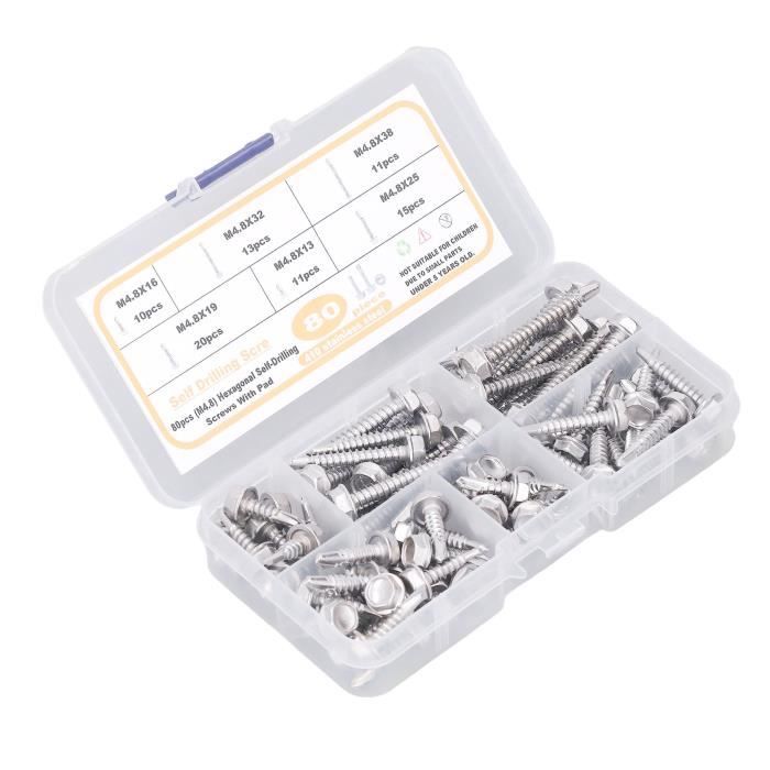 Duokon Vis autoperceuse 80 pièces M4.8 vis auto-perceuse tête hexagonale rondelle 410 Kit d ...