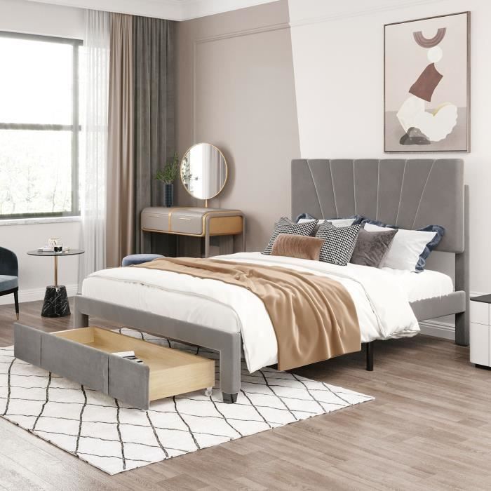 MERAX Lit double capitonné 140 x 200 cm avec tiroir & Sommier à lattes ...