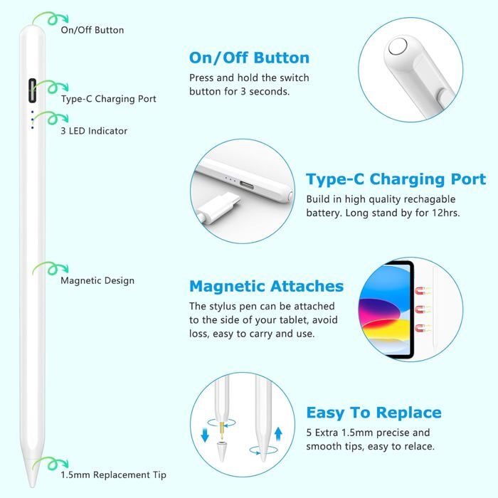 Stylet magnétique pour iPad-KAL-pour iPad 2018-2022, Pro/Air/Mini ...