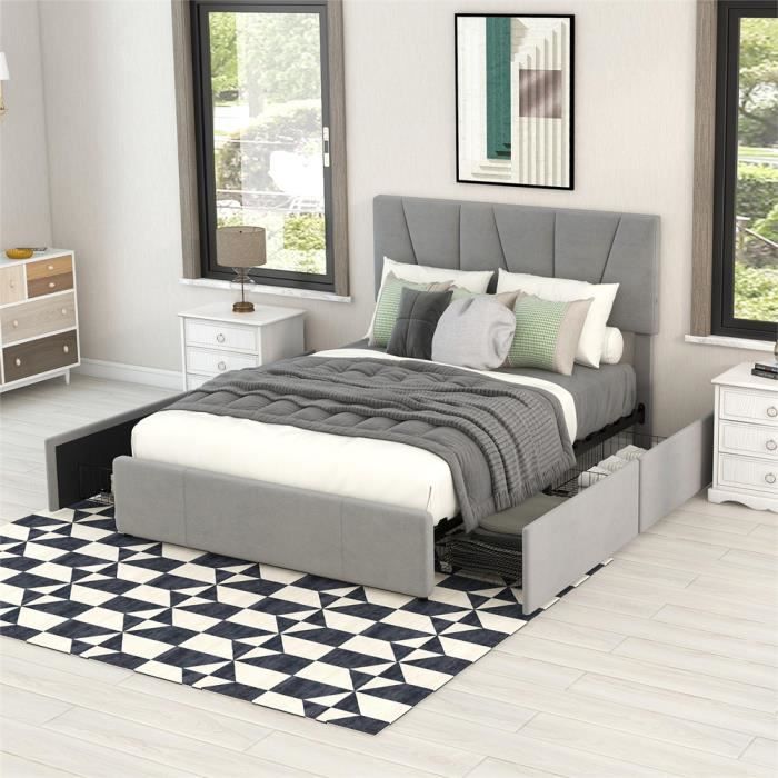 Dripex Lit Double 140×200cm pour adulte, Lit Rembourré avec 4 tiroirs ...