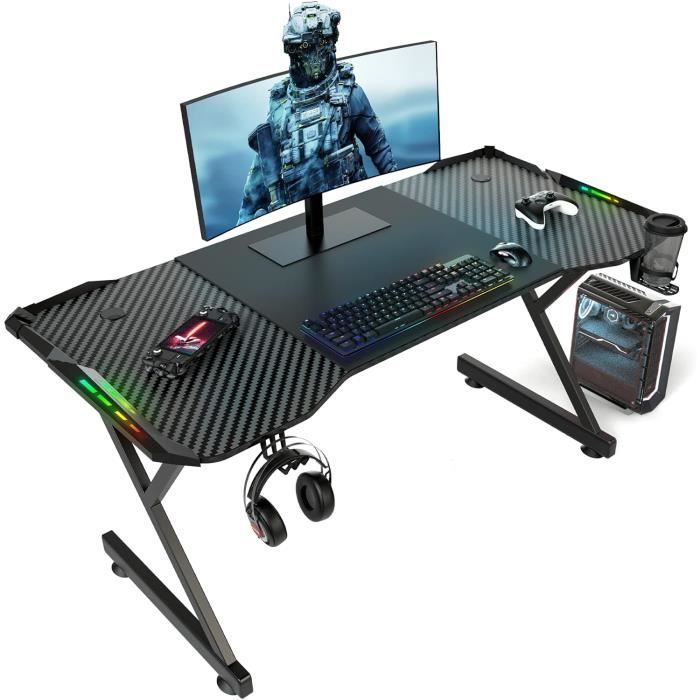 HLFURNIEU LED Bureau Gaming 140 x 60 cm, Bureau Gamer avec Plateau en ...