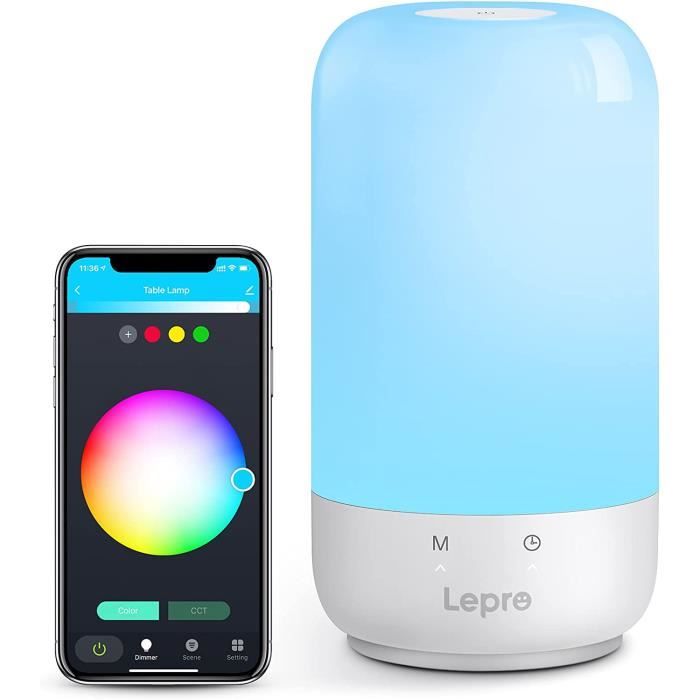Lepro Lampe de Chevet, Veilleuse LED Connectée WiFi, Lampe Nuit Tactile Dimmable Multicolore, 16 ...
