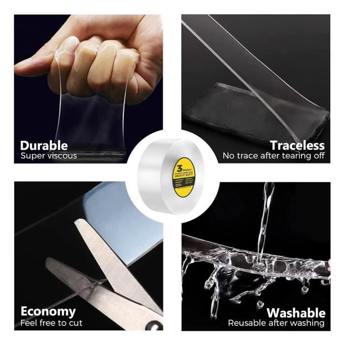 3 M Ruban Adhésif Double Face Extra Fort Transparent, 2Mm Epaisseur ...