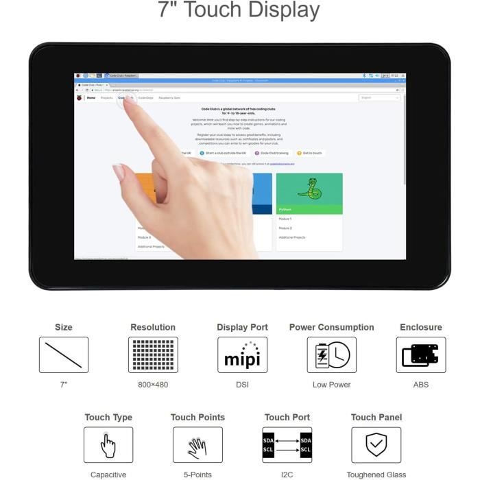 7 Pouces Dsi Lcd Écran Avec Étui Pour Raspberry Pi 4B,800 × 480 Écran Tactile Capacitif Moniteur ...