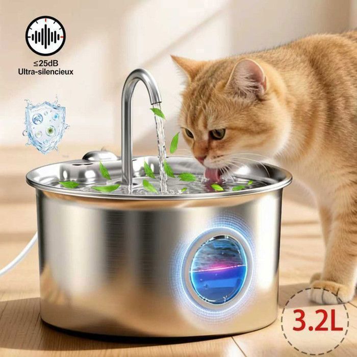 Fontaine à Eau pour Chat INOX – 3,2 L – Ultra silencieuse – Fontaine ...