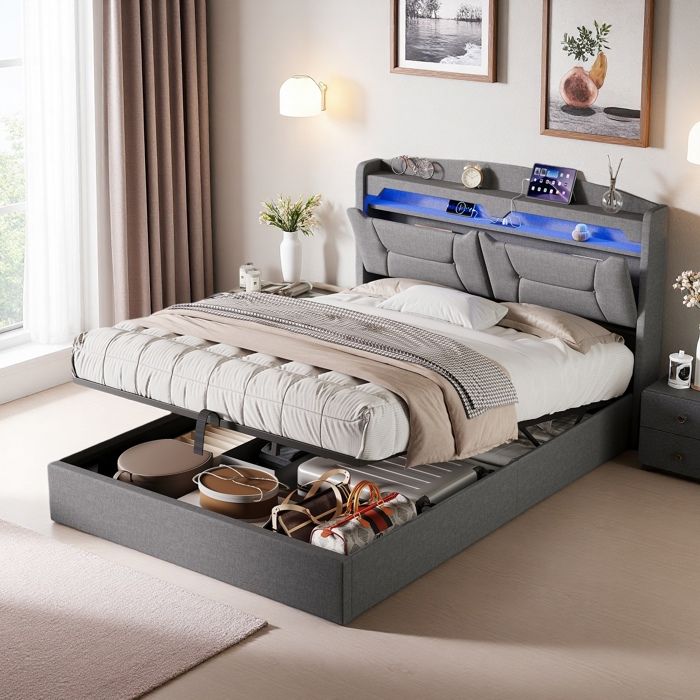 Lit coffre 140x200 cm avec LED, Lit 2 personnes, Lit 140x200 cm avec ...