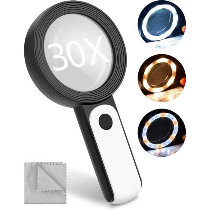 Loupe de Lecture, 30X Lunette Loupe avec Lumière, Loupe Lecture avec 18 LED - 3 Modes D ...