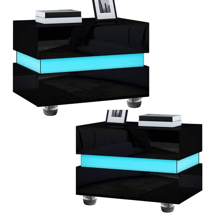 SWT Table de chevet avec LED/ Table de nuit moderne avec 2 tiroirs ...