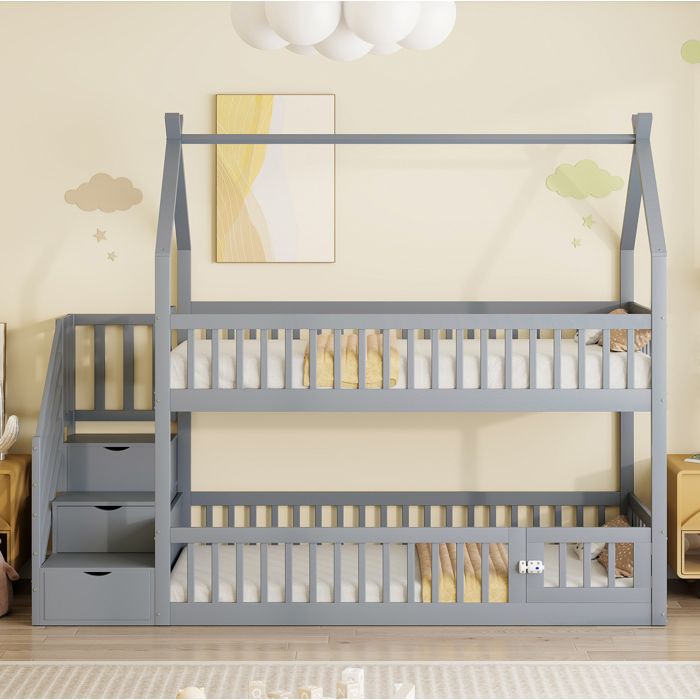Lit maison superposé 90x200 avec toit pour enfant, bois massif ...
