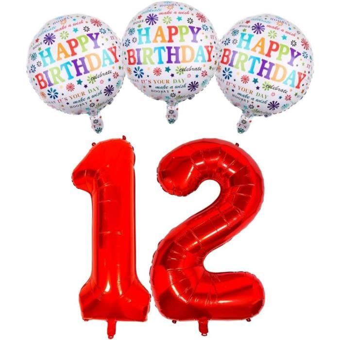 Décoration Anniversaire 12 Ans - Rouge - Ballon Chiffre 12 - Happy ...