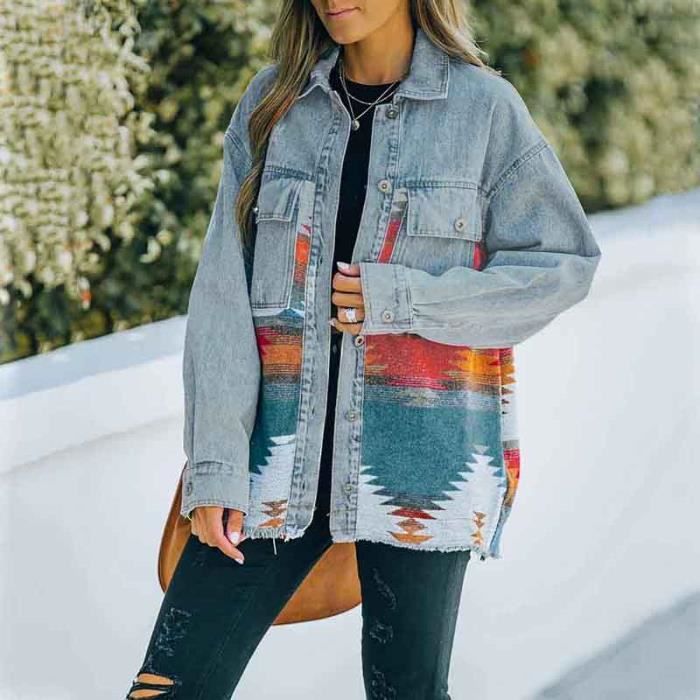 Femmes Patchwork Denim Veste Imprimé À Manches Longues Revers Bouton ...