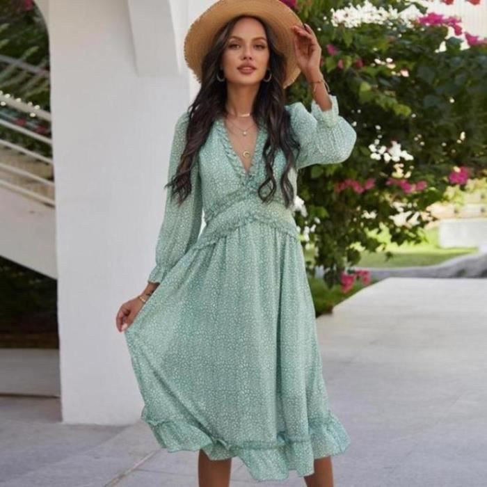 Femme Robe Classique ete Mi-Longue Manches Longues Fleurie a Col en V Chic de Plage Mousseline ...