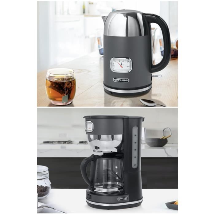 Pack Cafetière et Bouilloire Rétro Vintage - Muse - Gris Anthracite - 10 Tasses - 1.7L - 2200W ...