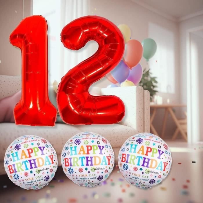 Décoration Anniversaire 12 Ans - Rouge - Ballon Chiffre 12 - Happy ...
