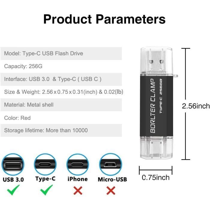 Clé Usb Type C 256 Go, Dual Port Otg Usb 3.0 Mémoire Stick Aves Usb C ...