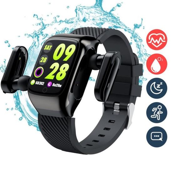 Montre Connectée 2 En 1 Noir étanche Avec écouteurs Bluetooth 5.0 Pour ...