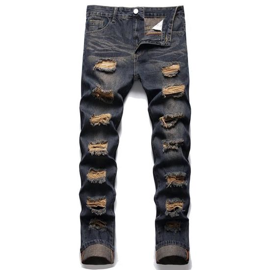 Jeans Déchiré Homme en Coton Denim Coupe Slim Jambe Droite Vintage Sans ...