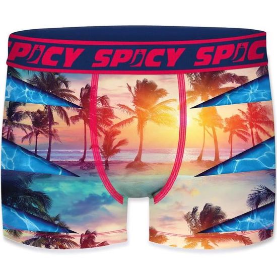SPICY UNDERWEAR Boxer Homme Microfibre ASS1 Palmiers Bleu Rouge Bleu ...