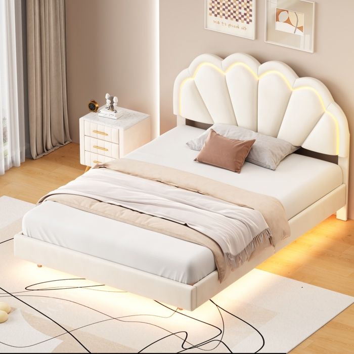 Lit capitonné 140 x 200 cm, lit double LED, tête de lit en forme de ...