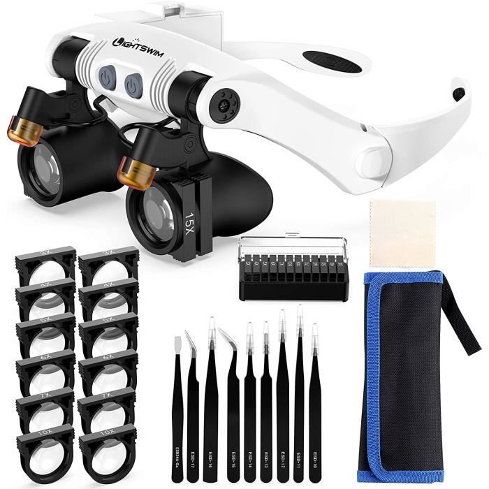 Loupe Serre-tête avec lumière LED, Loupe Mains Libres avec 2 lumières LED Lentille ...