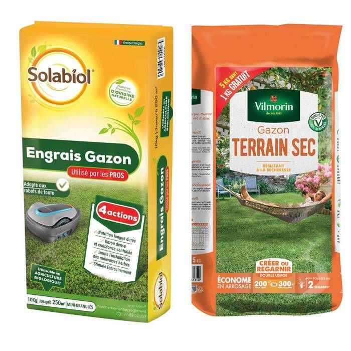 Lot d'un sac de Gazon pour terrain sec 5kgs et d'un sac engrais gazon ...