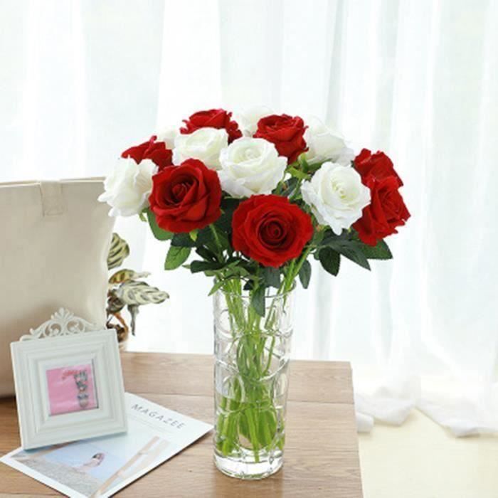 Rouge + blanc 20 pièces artificielle faux Roses flanelle fleur nuptiale ...