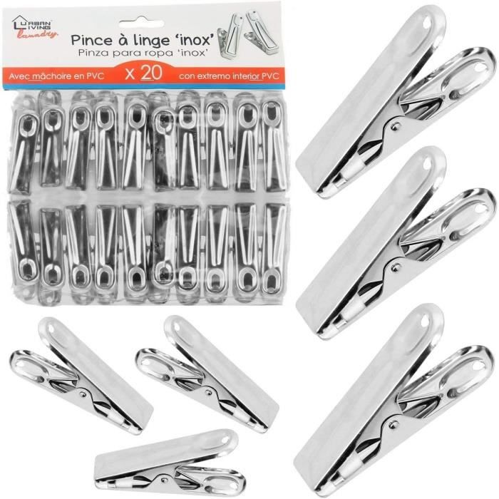 20 Pince A Linge Inox Avec Machoire En Pvc - Corde Étendoir Séchoir ...