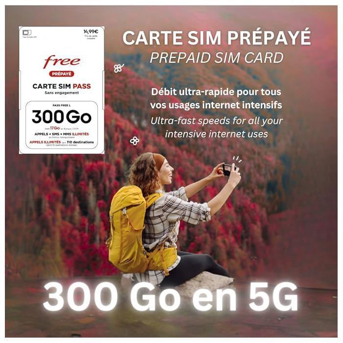 Carte SIM Free Pass L : Forfait 300 Go 5G Ultra-Data + Appels/SMS ...