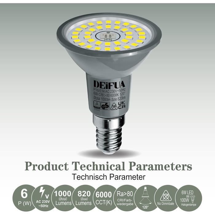 Ampoule Led E14 Blanc Froid 1000 Lumens 6W Équivalent 100W Halogène, Lot De 6, Spot Par16 Sans ...