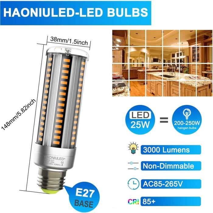 Ampoule LED E27 25W Blanc Chaud 2700K, Équivalent Ampoule Halogène Vis E27 250w, 3000LM, 360 ...
