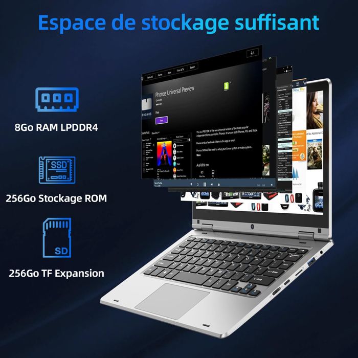 PC portable 12"-Intel Celeron N4020-8Go DDR4 256Go SSD-écran tactile 360°-Win11 Pro-AZERTY ...