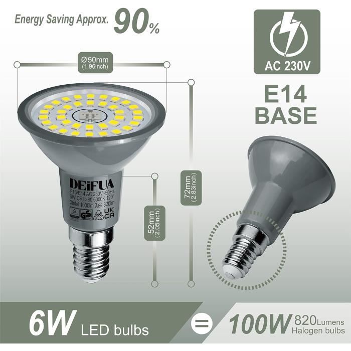 Ampoule Led E14 Blanc Froid 1000 Lumens 6W Équivalent 100W Halogène, Lot De 6, Spot Par16 Sans ...