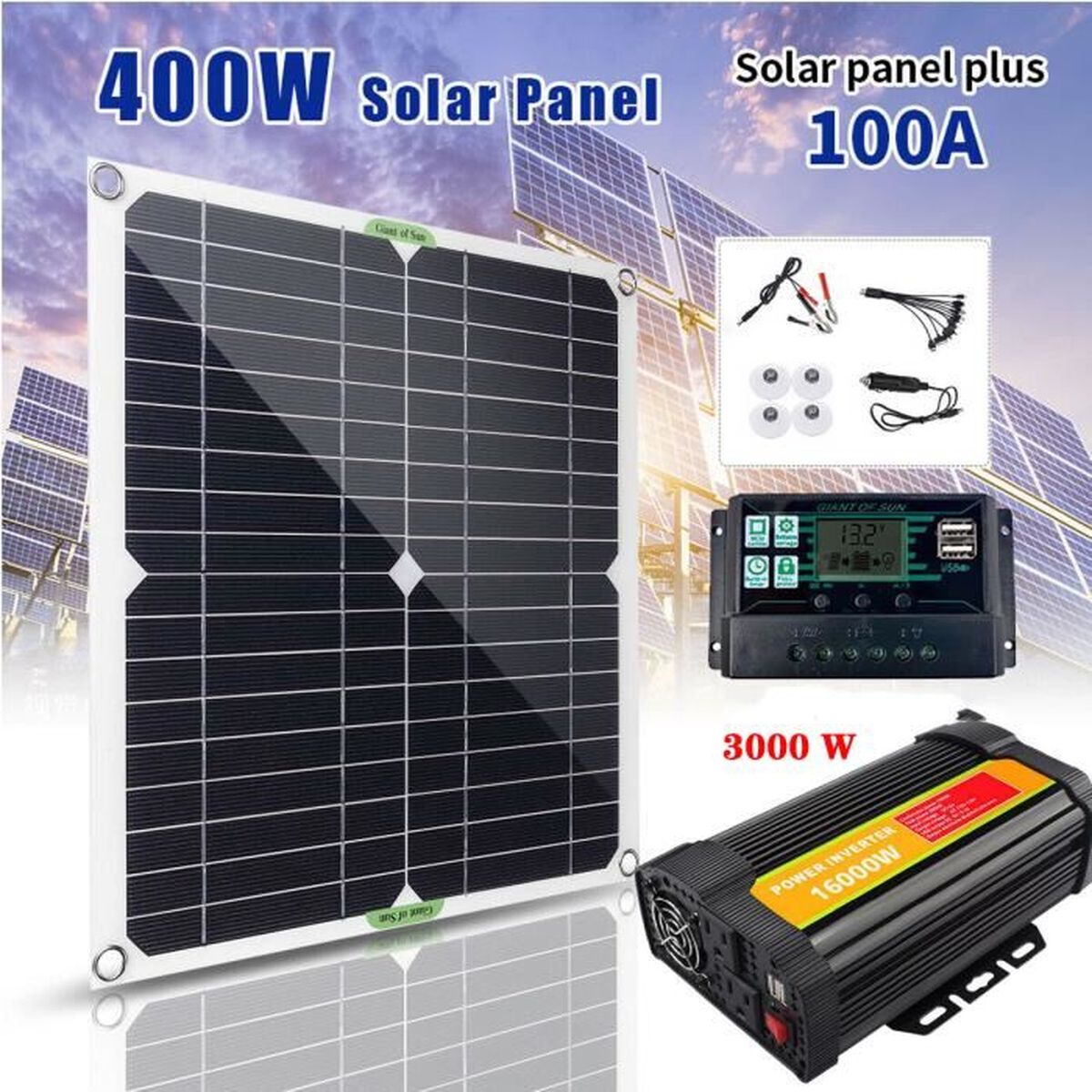 Panneau Solaire Kit Complet,Panneau Solaire 400W +Onduleur Solaire 3000W +ContrôLeur Solaire ...