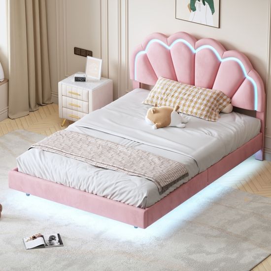 Lit rembourré 140 x 200 cm pour fille, lit double LED, tête de lit en ...