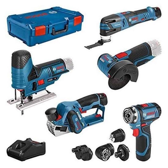 Pack 5 outils Bosch Professional Perceuse GSR + Ponceuse GOP + Rabot ...